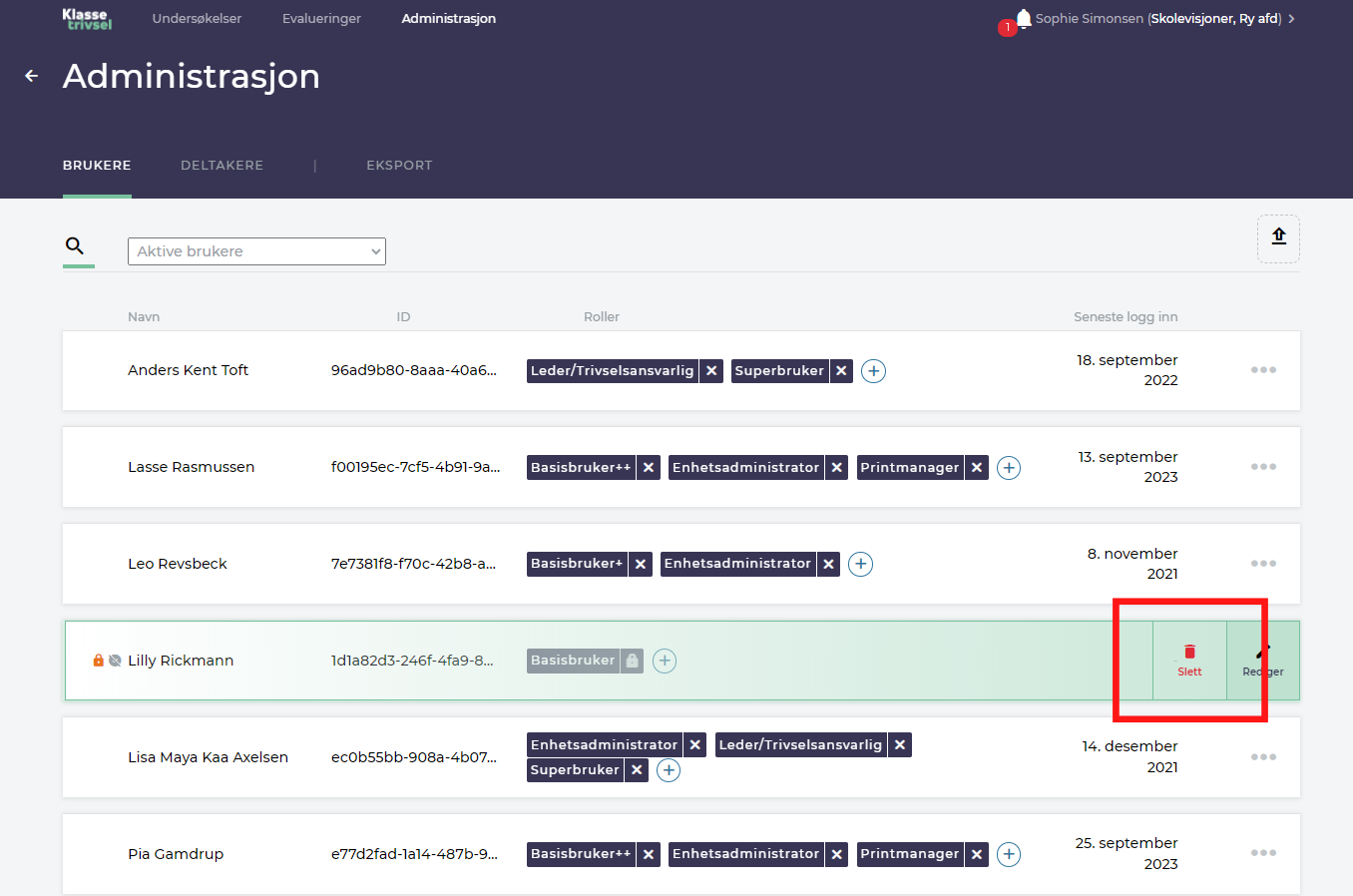 Slett en bruker | klassetrivsel